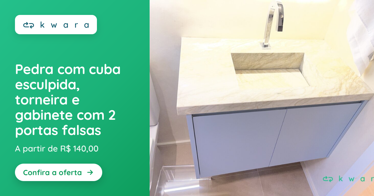 Pedra com cuba esculpida, torneira e gabinete com 2 portas falsas ...